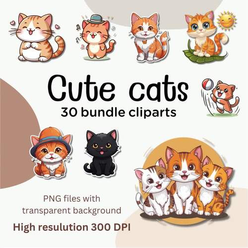 Cute cat cliparts in bundle,PNG,30 bundle cliparts,high resulution