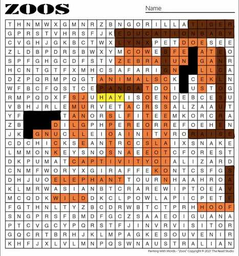 ZOOS Reading and Writing Vocabulary Word Search Mystery Picture to Color