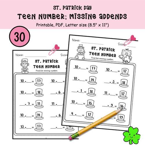 St. Patrick day teen number worksheet | missing addends | place value ...