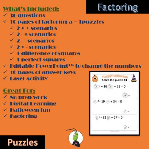 Halloween Themed Factoring A=1 | Number Sense Logic Puzzles | Algebra 1