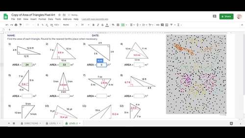 Google Sheets Digital Pixel Art Math Area of Triangles by Algebra Accents