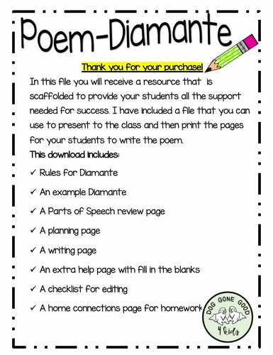 Poetry Writing Activity- Diamante by DogGoneGood4Kids | TPT