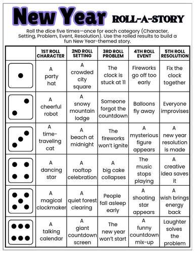 New Year Roll a Story Activity | Printable Creative Writing Game for ...