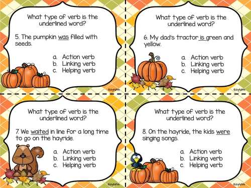 Action, Linking, & Helping Verbs Fall Task Cards | Digital & Print