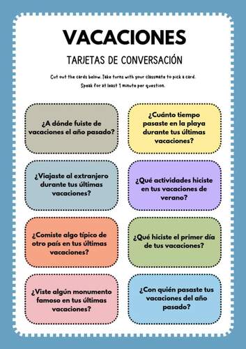 Vacations Preterite Tense Conversation Cards Indefinido Conversación ...