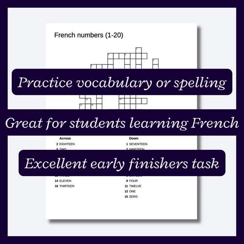 French numbers 0-19 review crossword puzzle (FSL) by Learnable Design