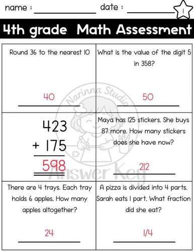 Beginning of Year 4th Grade Math Assessment | 3rd Grade Skills Review