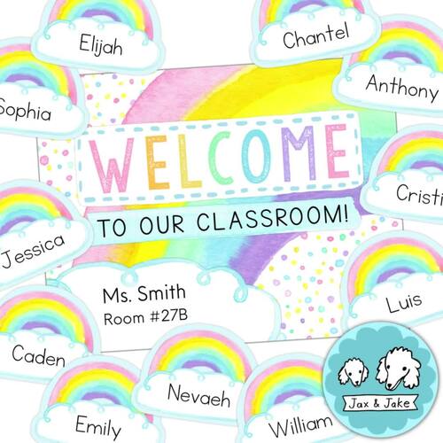 Editable Pastel Rainbow Door Decor, Welcome Sign and Name Label Display
