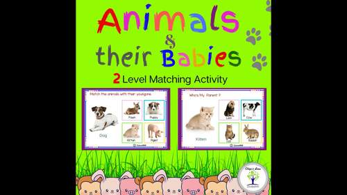 Animals and Their Babies 2 Level Matching Activity Boom Cards and Printable