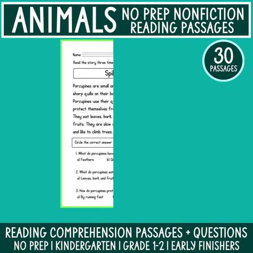 Grade 1-2 Animal Reading Comprehension Passages & Questions Worksheets ...