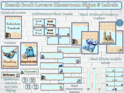 Beach Book Lovers Classroom Sign, Labels and Notebook Covers | TPT