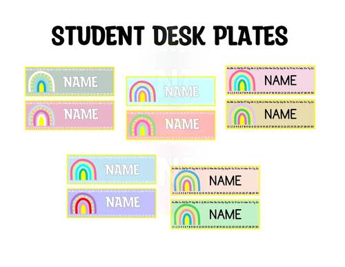 Printable Rainbow Student Desk Plates, Editable Boho Desk Name Posters