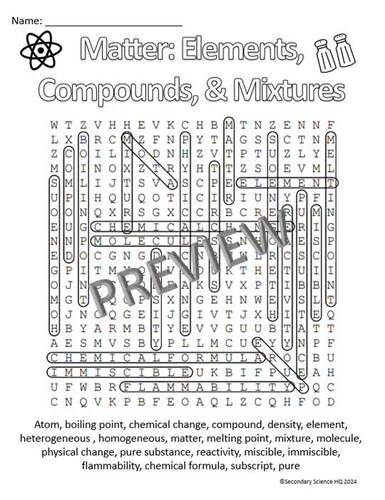 Matter: Elements, Compound, Mixtures Wordsearch Puzzle | Early Finishers