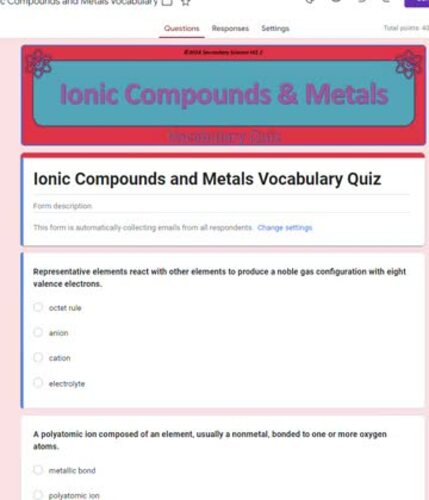 Ionic Compounds and Metals Vocabulary Quiz and Vocabulary Puzzle BUNDLE