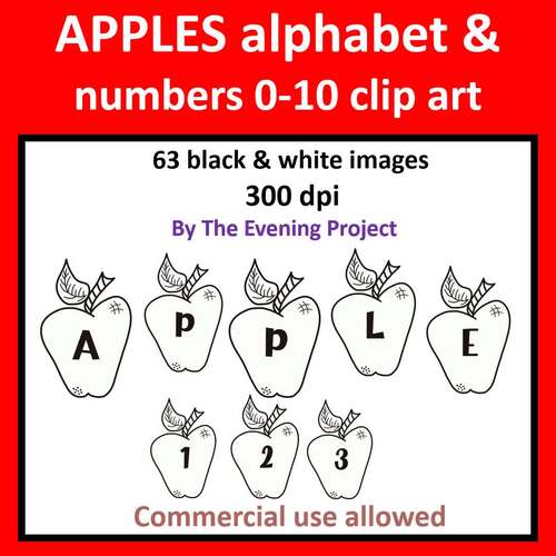 Apple Alphabet & Numbers Clip art /Commercial Use Allowed/Black and White