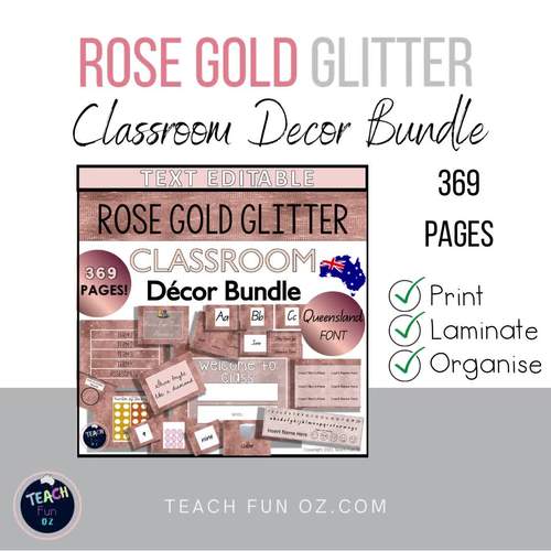 Rose Gold Glitter Theme Classroom Decor 369 Pages MEGA Pack QLD Font