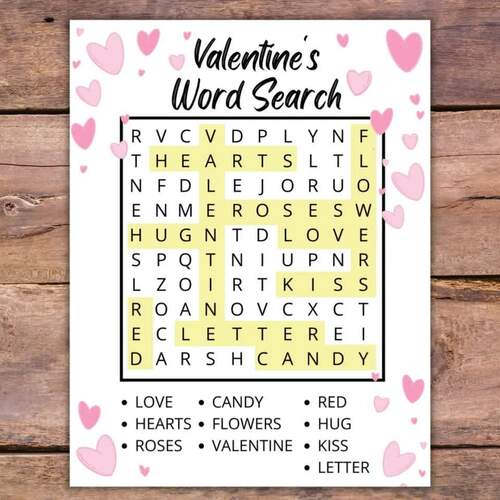 Valentine's Day Word Search Game Find the Words in the Puzzle Hearts Love
