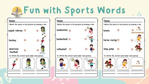 Sports Vocabulary Worksheet | Match and Write | English Printable for Kids