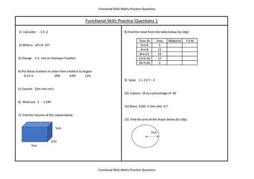 10 Functional Skills Maths Practice Question Worksheets by Worksheet ...