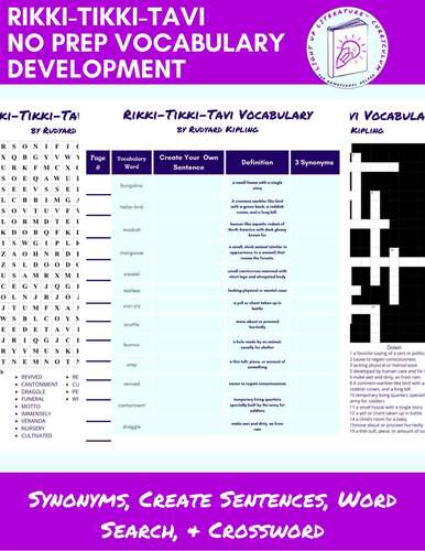 Rikki-Tikki-Tavi Vocabulary Activities |NoPrep Synonyms Crossword ...