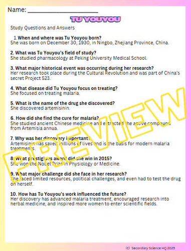 Tu Youyou Doodle Notes and Review | Women in STEM | Famous Scientists