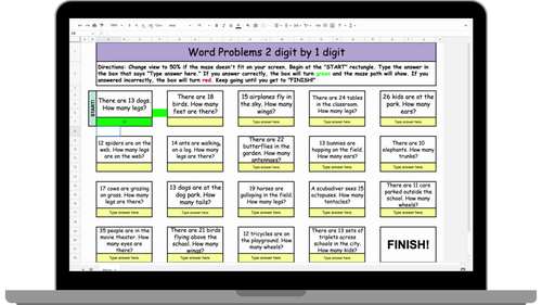 2 Digit by 1 Digit Multiplication Word Problems SELF CHECKING Digital Maze