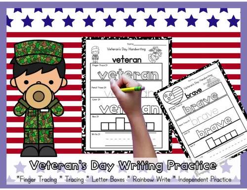 Veteran's Day Handwriting Tracing Activity Sheets Writing Practice ...
