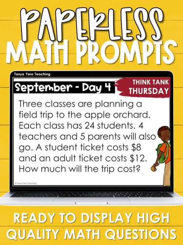 Back to School PAPERLESS Math Prompts Spiral Review August 4th Grade