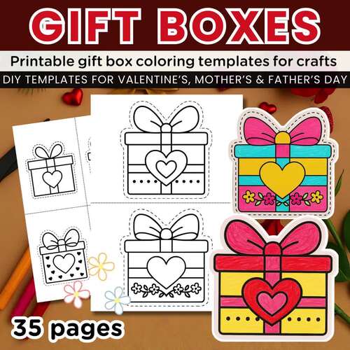 Valentine’s Day Gift Box Coloring Templates for DIY Crafts & Bulletin ...