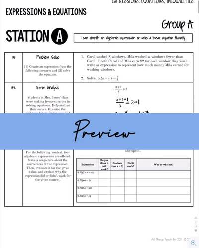 STATIONS - Differentiated - Expressions, Equations, Inequalities w ...