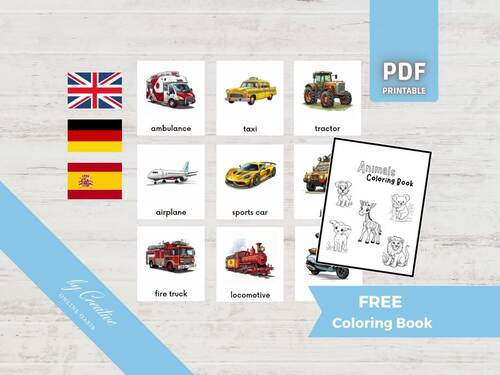 VEHICLES • 30 Montessori Flash Cards • Car Cartoon Comic Style German ...