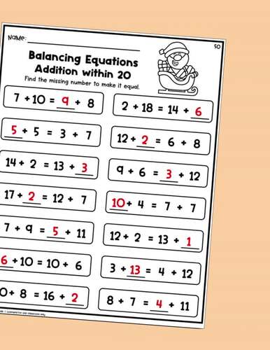 Santa Balancing Equations Addition Within 20 No-Prep Christmas Math ...