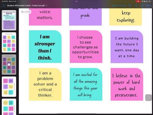 Student Affirmation Cards - Back to School Set - 2 Sizes - Funky Fun Colors