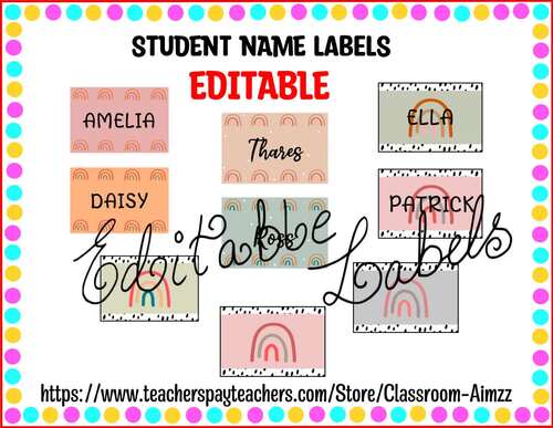 Student nametags, Boho Rainbow Student Name Plates, Editable Student Labels