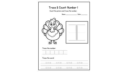 Thanksgiving Number Tracing 1–10 Worksheets | Counting & Handwriting ...
