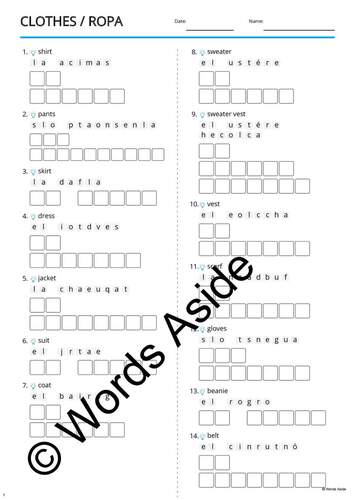 Spanish English Vocabulary Worksheets Cards CLOTHES by Words Aside