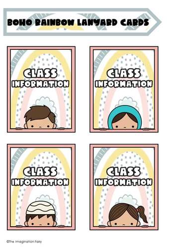 Editable Boho Rainbow Class Info Lanyard Cards Back to School Organization