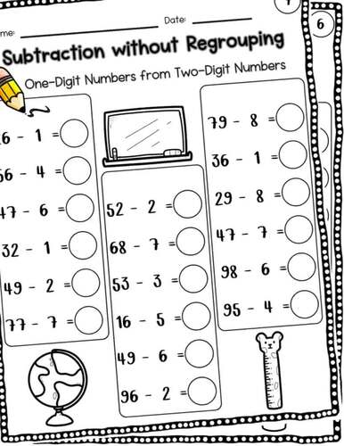 Subtracting One-Digit Numbers from Two-Digit Numbers Worksheet | No ...