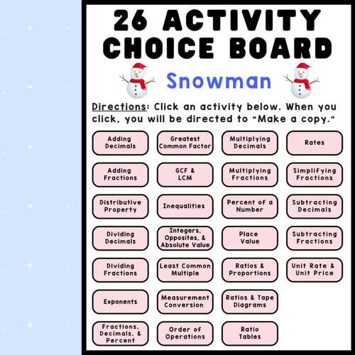 5th 6th Grade Math Christmas Mystery Picture Winter CHOICE BOARD 27 ...