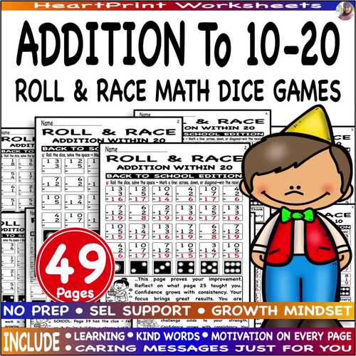 Roll and Race Math Dice Games, Addition to 10, 20 Fun, Race to 10,20 ...
