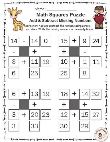 Missing Number Math Squares Grades 1-2 | Addition Subtraction ...