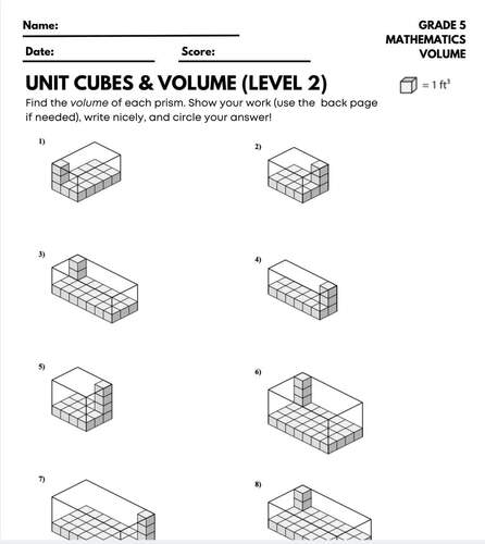Unit Cubes & Volume Worksheet Level 2 (5th Grade) | TPT