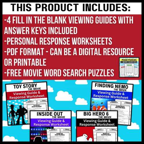 Pixar Movie Bundle - No Prep Movie Viewing Guides & Response Worksheets