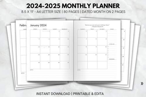 2024-2025 Monthly Planner Printable | Minimalist Dated Month on 2 Pages ...