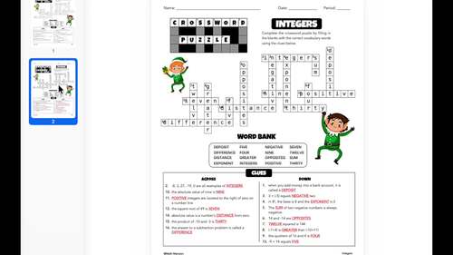 6th/7th Grade Math Fun Worksheet Christmas Activity: Crossword ...