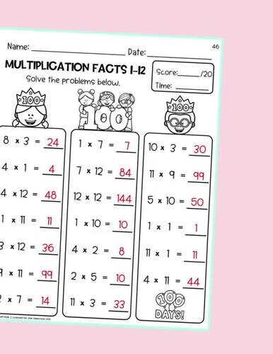100th Day of School Multiplication Facts 1–12 Worksheets No-Prep Math ...