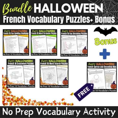 French Halloween MEGA Bundle Vocabulary and Spelling Puzzles + Free Bonus