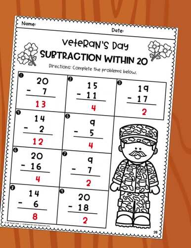 Veteran’s Day Subtraction Within 20 Worksheets | Military Theme Math ...