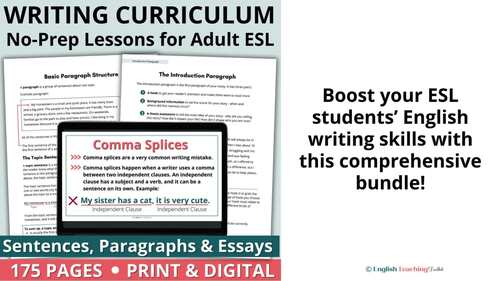 Adult ESL Writing Curriculum Paragraph, Essay, Punctuation, & Grammar ...
