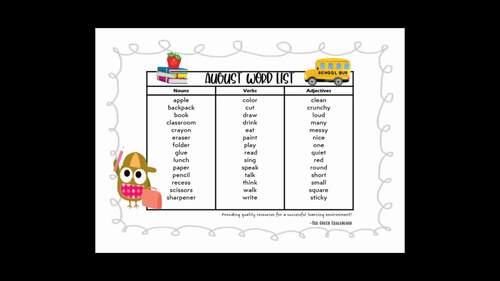 Word Lists and Vocabulary Picture Cards ELA Writing Center Activity